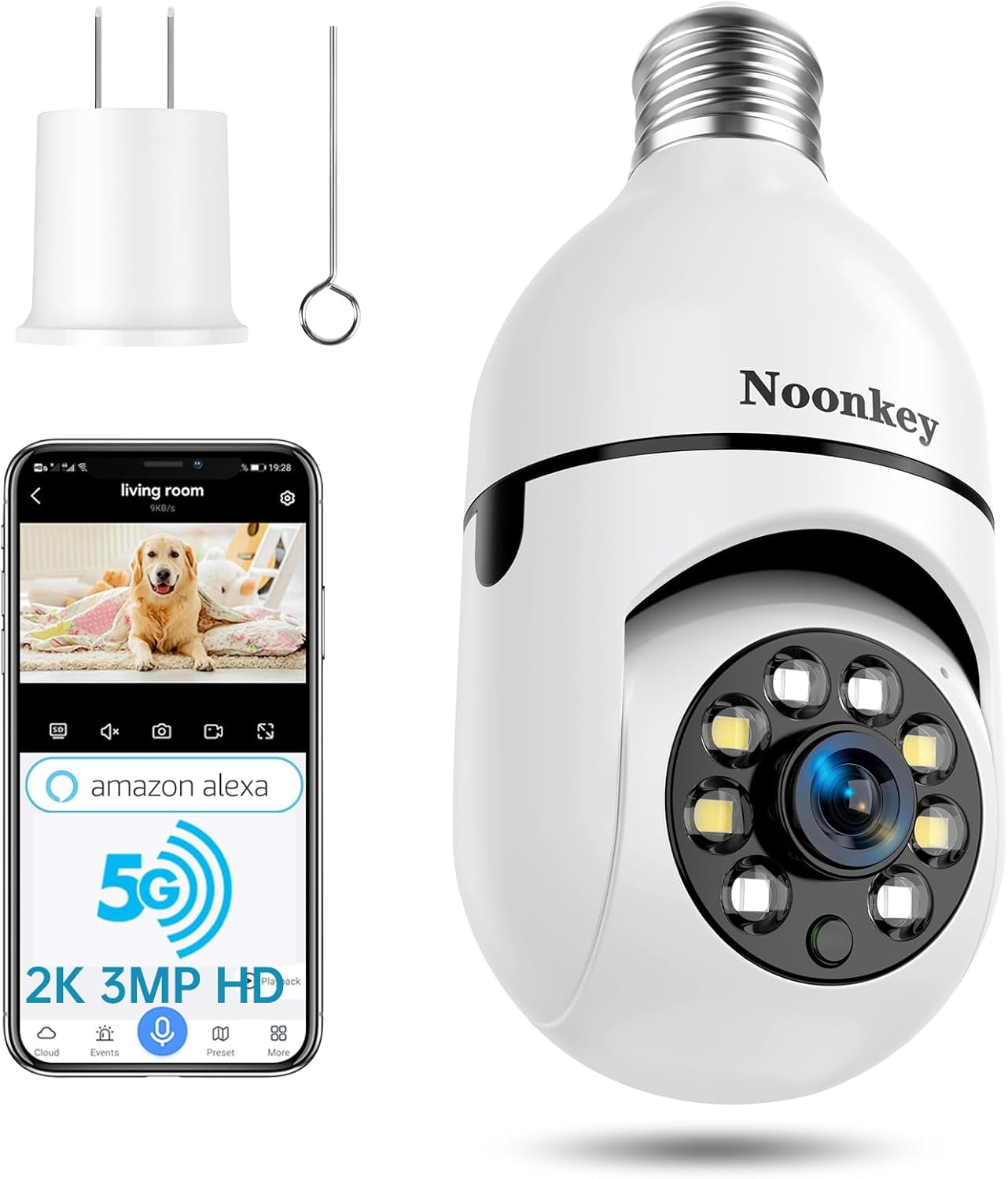 2K/3MP Light Bulb Security Camera, 5G& 2.4GHz WiFi Alexa E27 360° Light ...