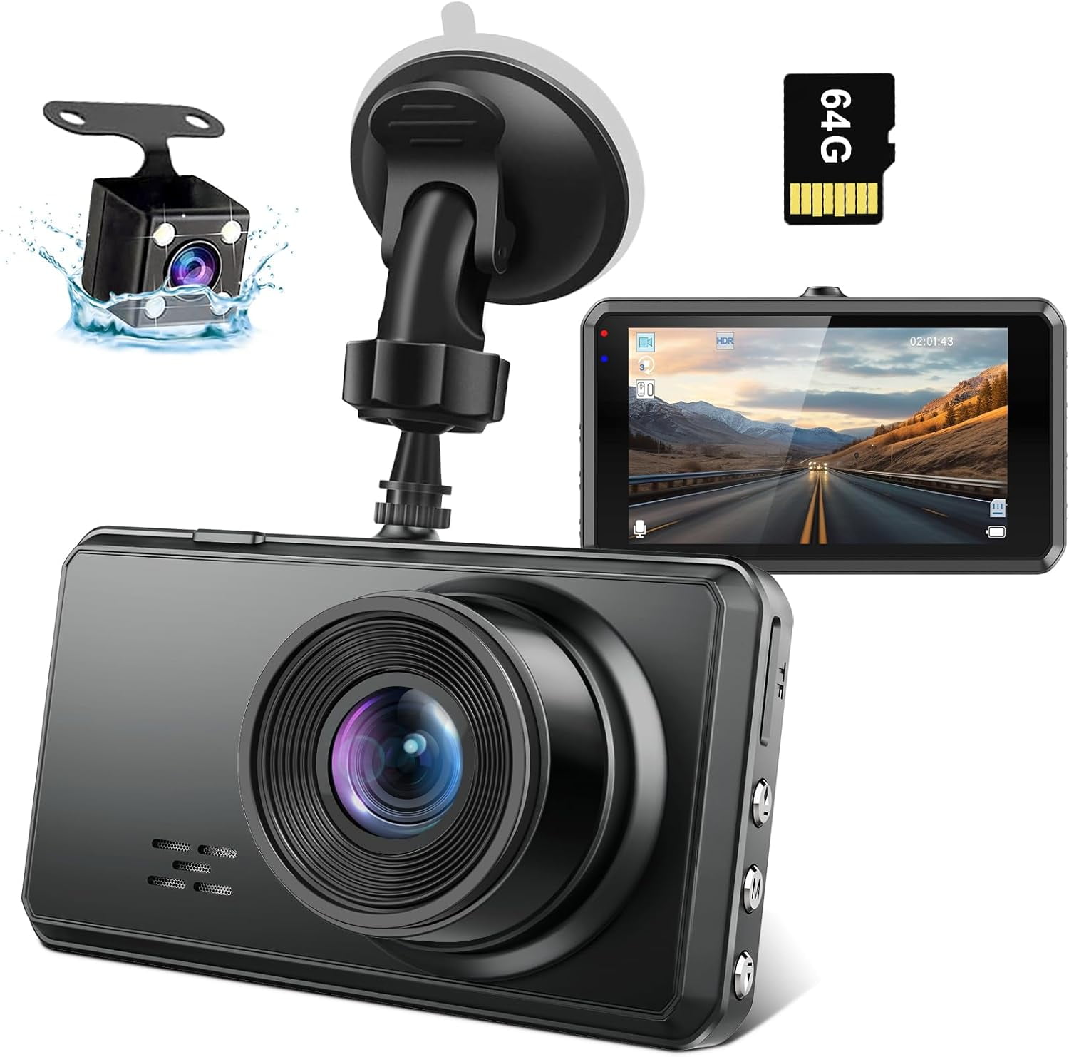 2K Dual Dash Camera for Cars, Free 64G SD Card, FHD 2K+1080P Dash Cam ...