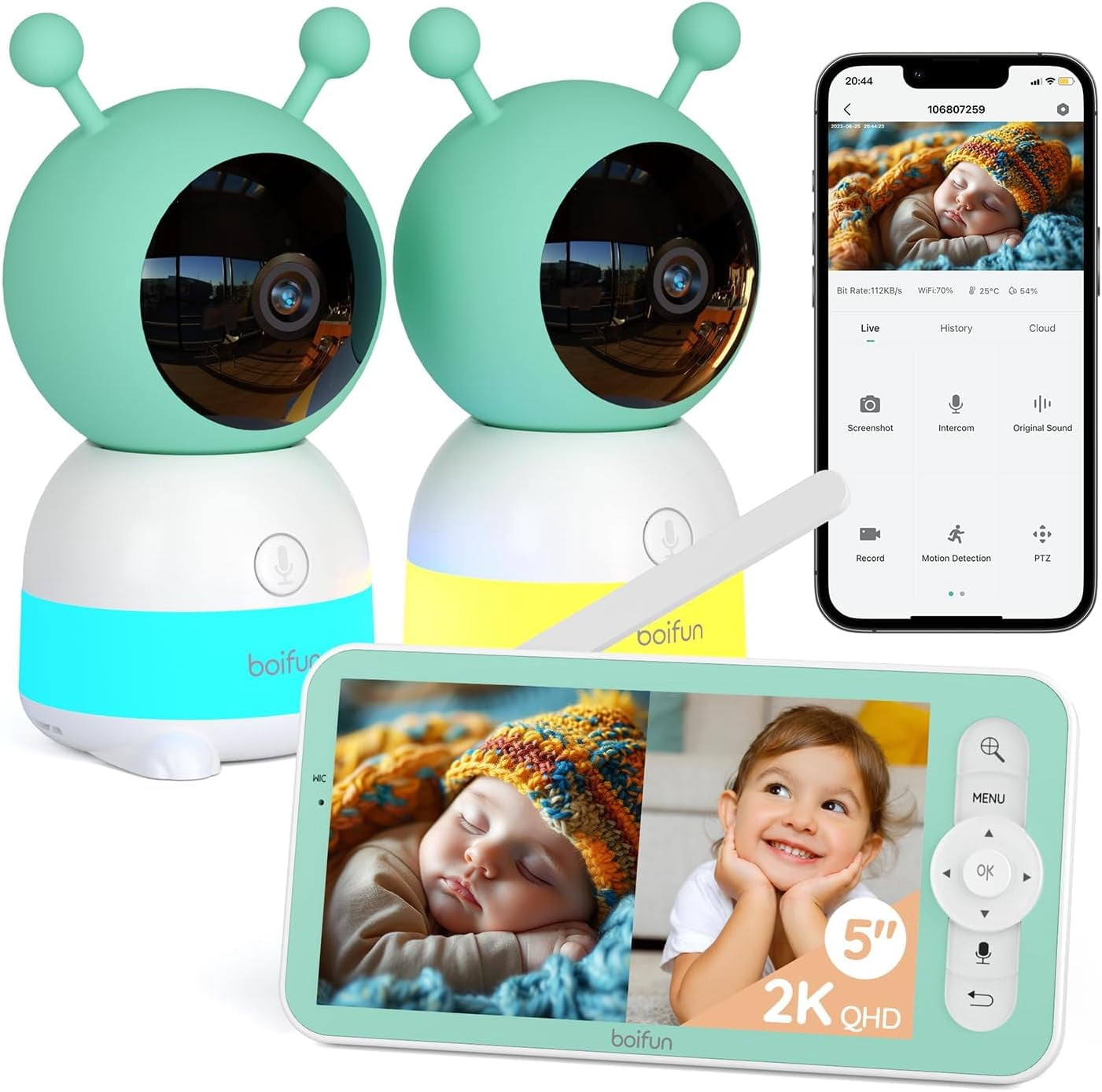 2K Wifi Baby Monitor with 2 Cameras, Soothing Night Light, APP & 5 ...