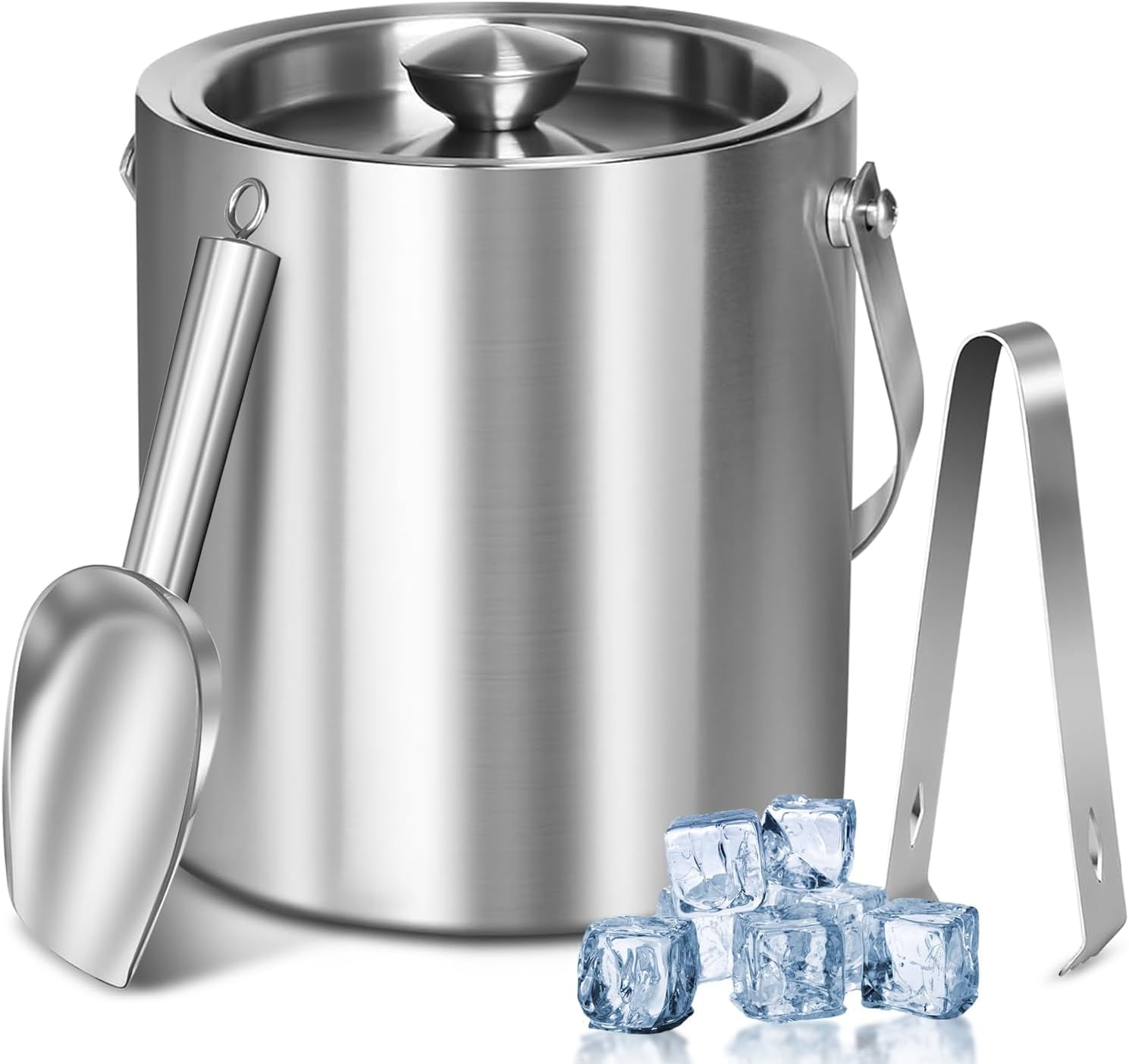 2L Double-Wall Insulated Stainless Steel Ice Bucket with Scoop for ...