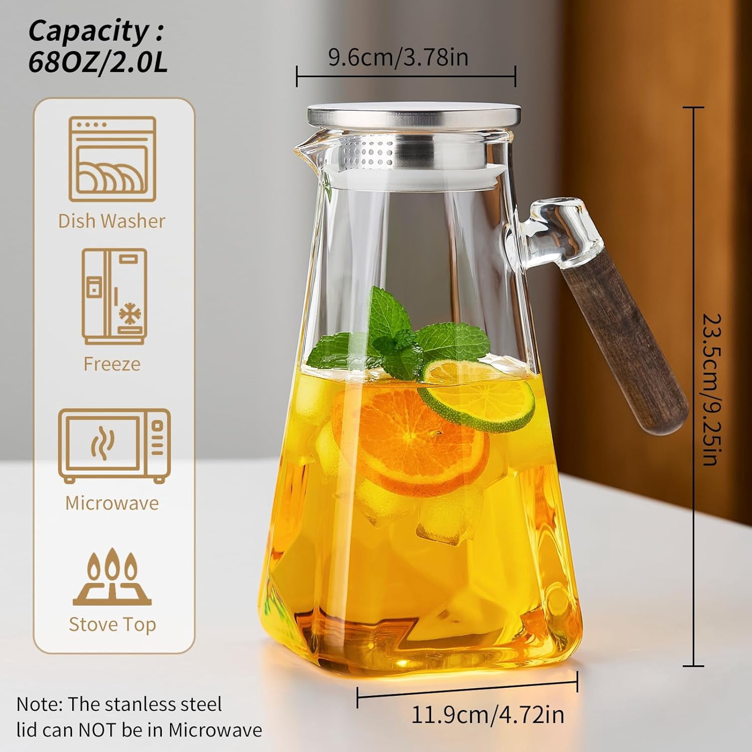 2L Glass Pitcher with Lid and Spout, Water Jug, 68 OZ Carafe for Hot ...