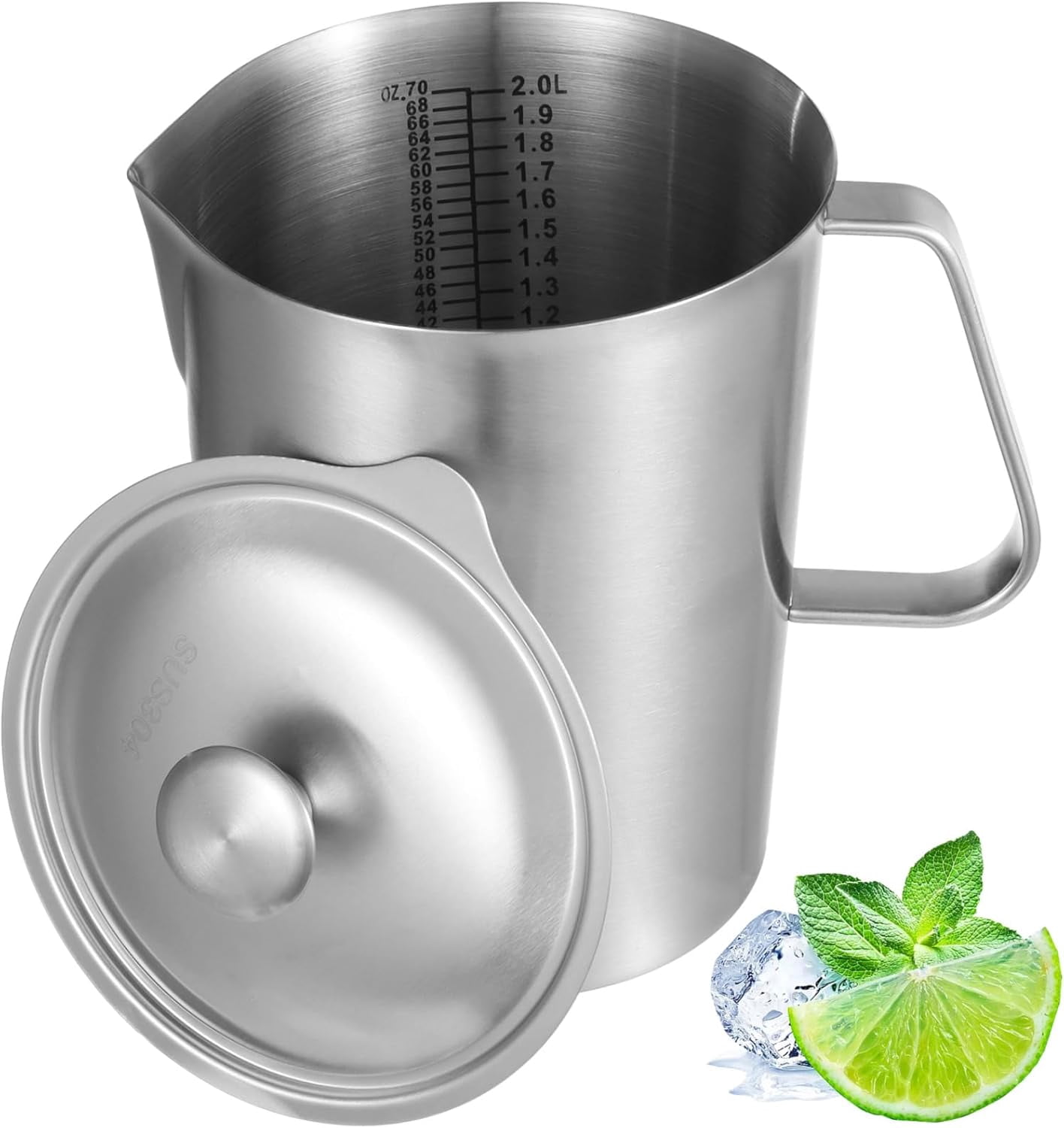 2L Stainless Steel Pitcher with Lid, 70 oz Measuring Cup with Dual ...