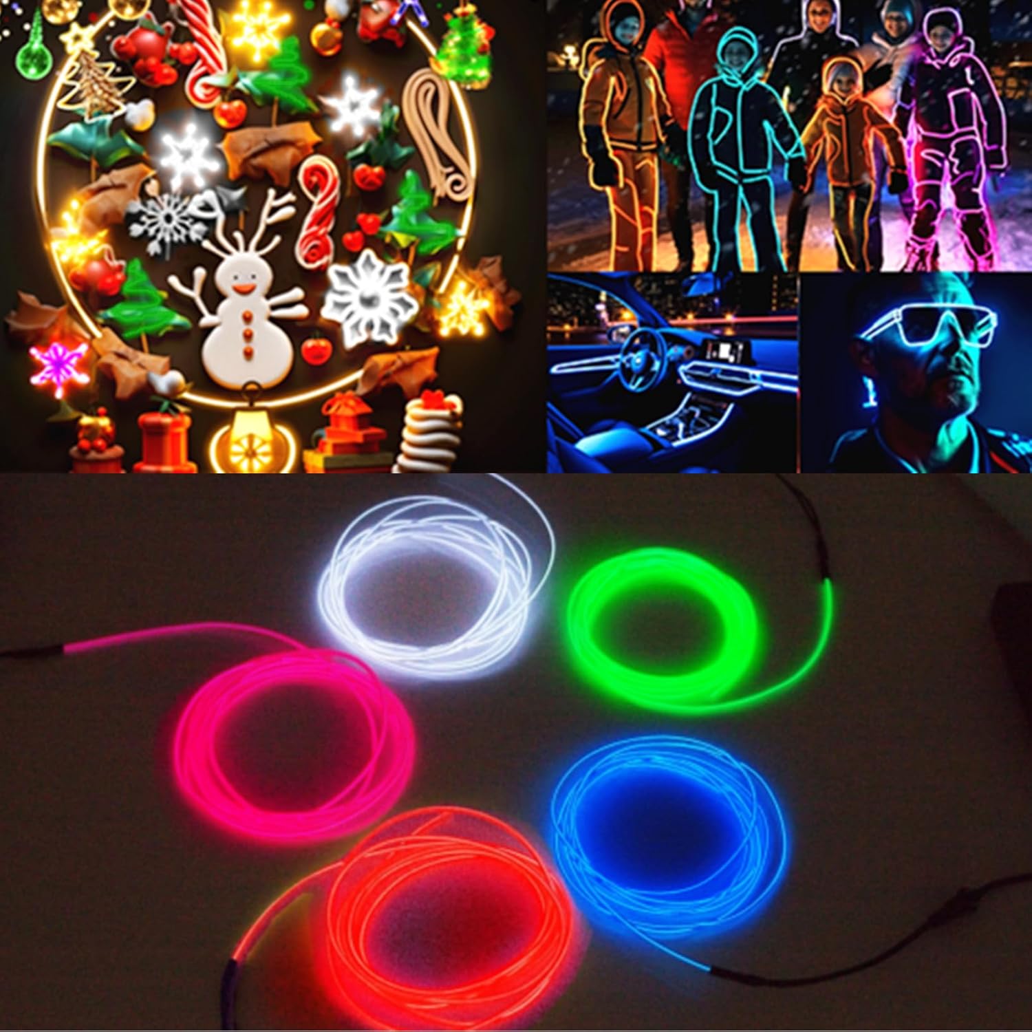 2M EL Light Wire Neon Glowing Strip, 5 Way EL Battery Rope Lights ...