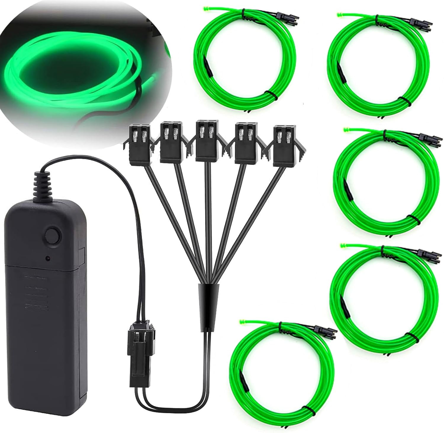 2M EL Light Wire Neon Glowing Strip, 5in1 Green EL Rope Lights with ...