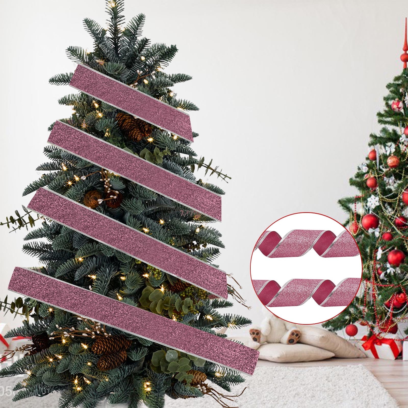 2M Gold Christmas Ribbon with Tree Design – 5cm Wide Satin & Wired ...