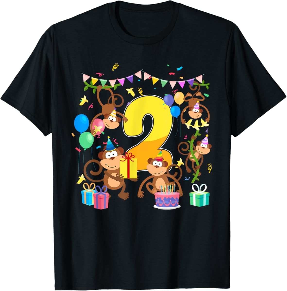 2Nd Birthday Cute Monkeys Theme 2 Year Old Bday Unisex T-Shirt S-5Xl ...