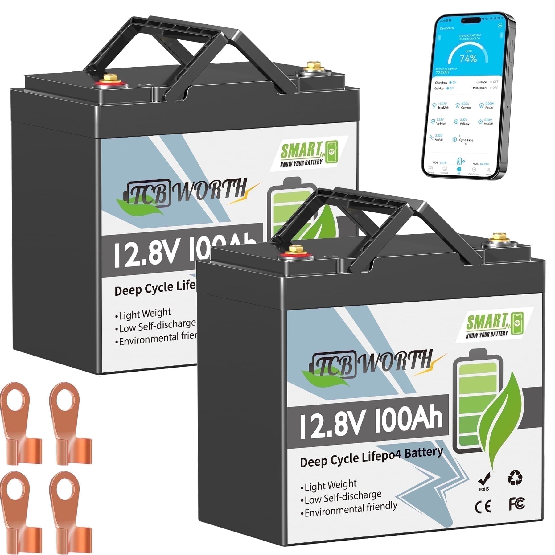 2PACK 12V 100AH LiFePO4 Battery Bluetooth,TCBWORTH Mini Lithium ...