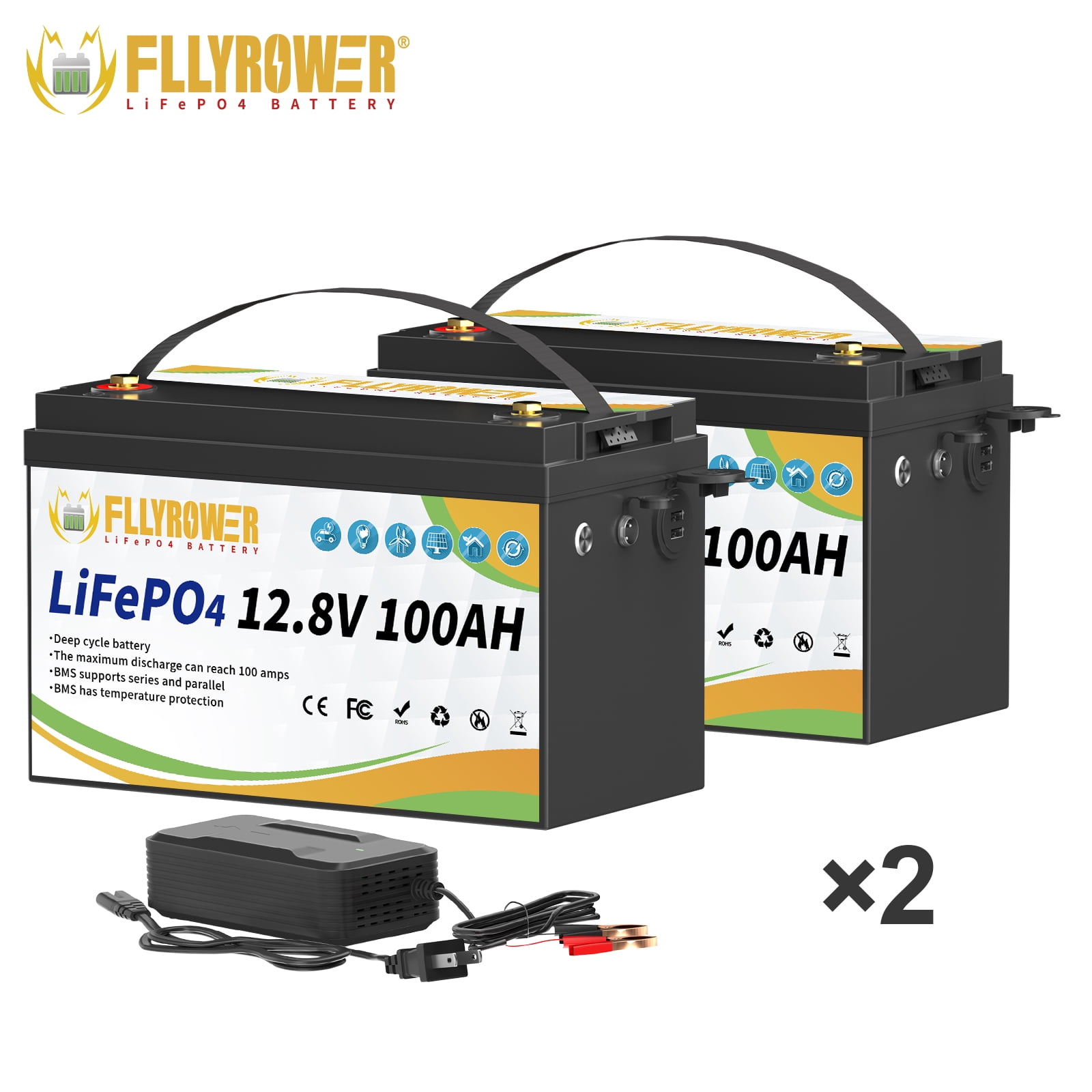 2PACK 12V 100AH LiFePO4 Battery,Group 31 Lithium Batteries with Charger ...