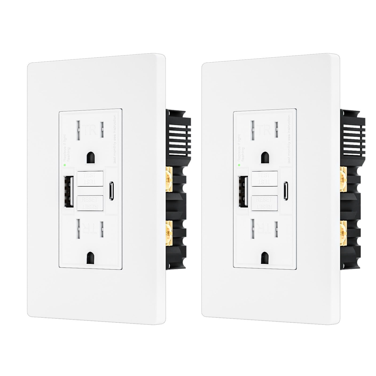 2PACK - 15AMP GFCI Outlet with USB-A & USB- C Ports, Self-Test GFCI ...