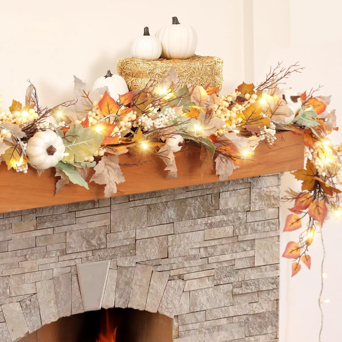 2PACK 2x6ft Fall Garland with Lights,Fall Leaves Garland with Lights ...