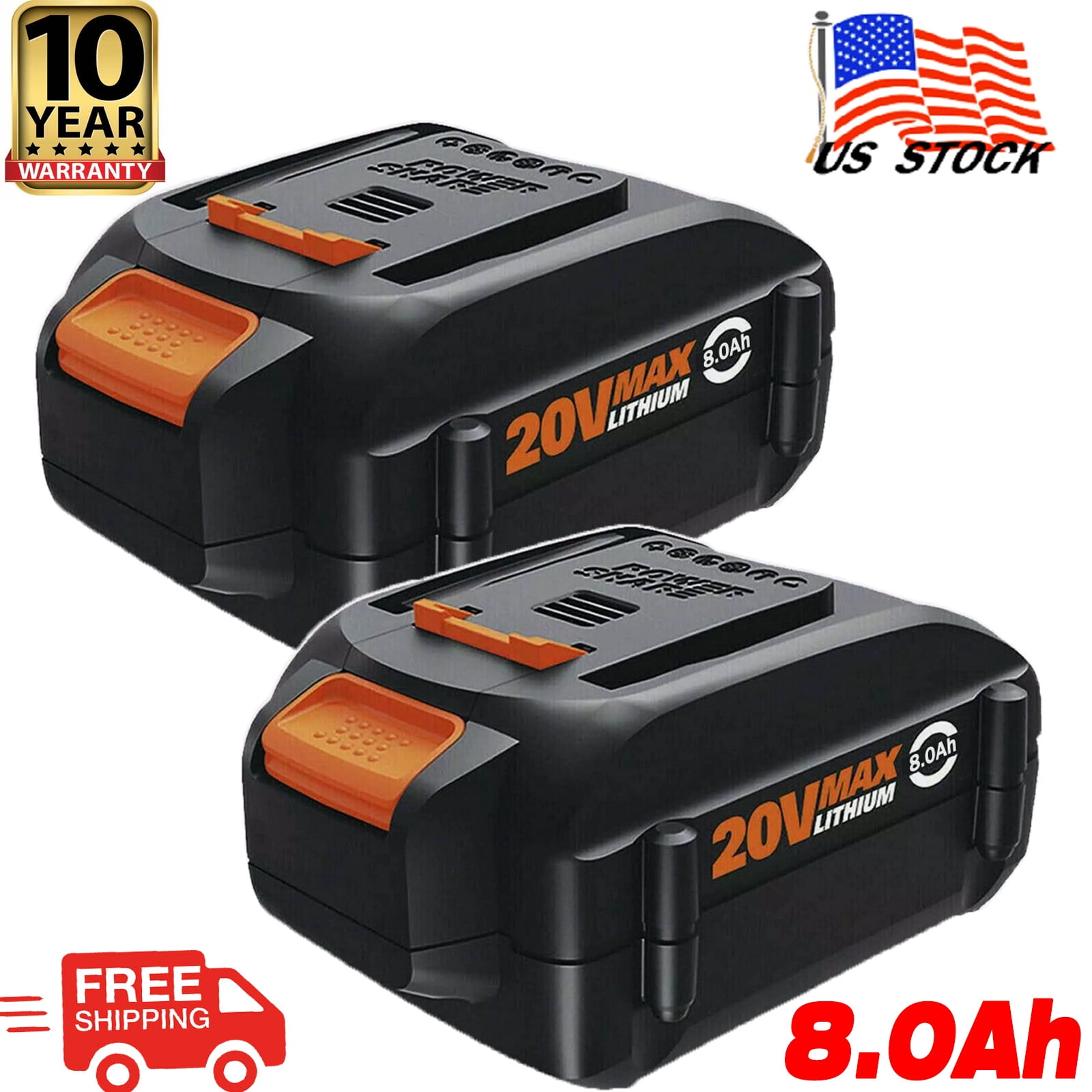 2PACK 8.0AH For WORX 20V MAX Lithium Battery 20 Volt WA3520 WA3525 ...