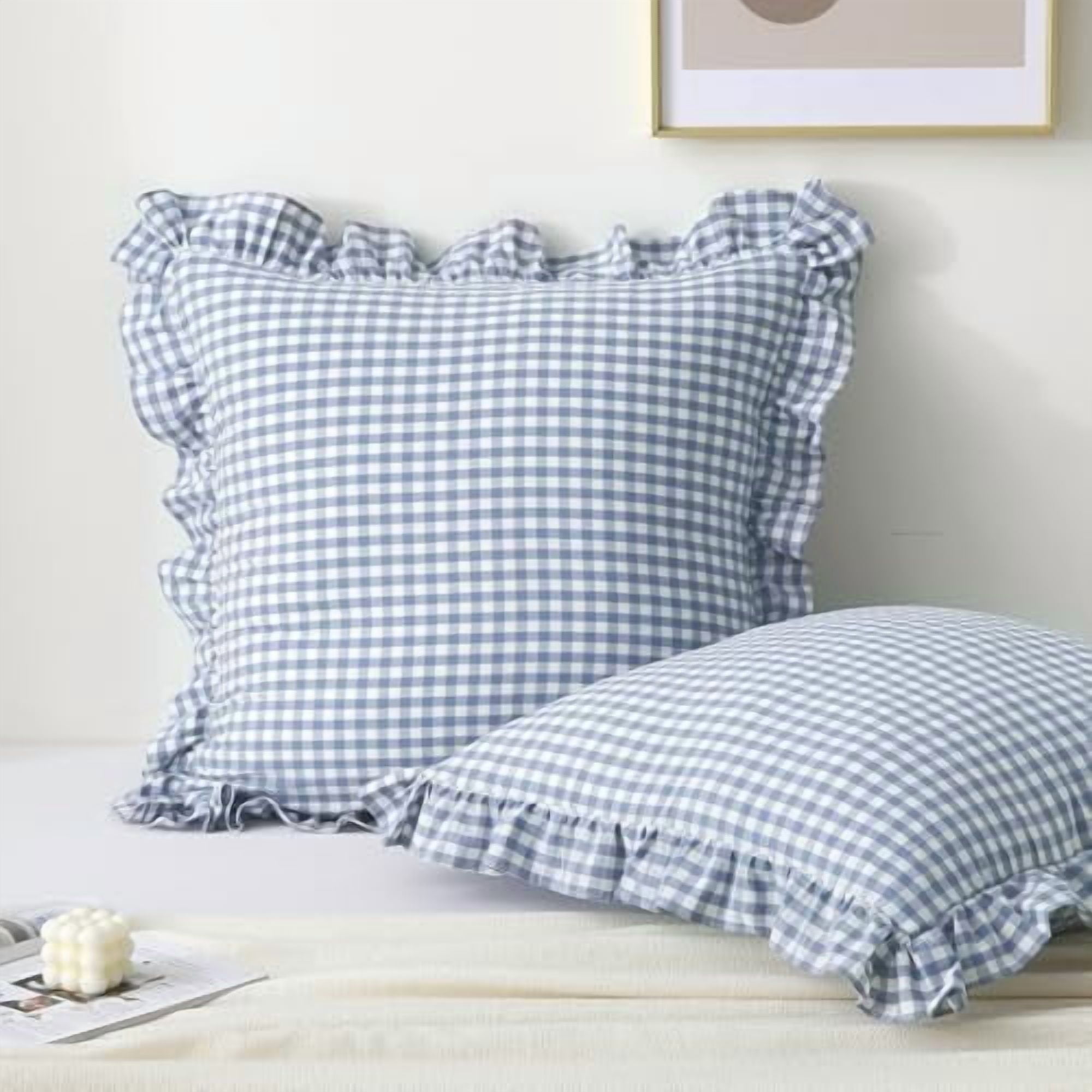 2PACK Dusty Blue White Plaid Gingham Euro Pillow Shams, 100% Washed ...
