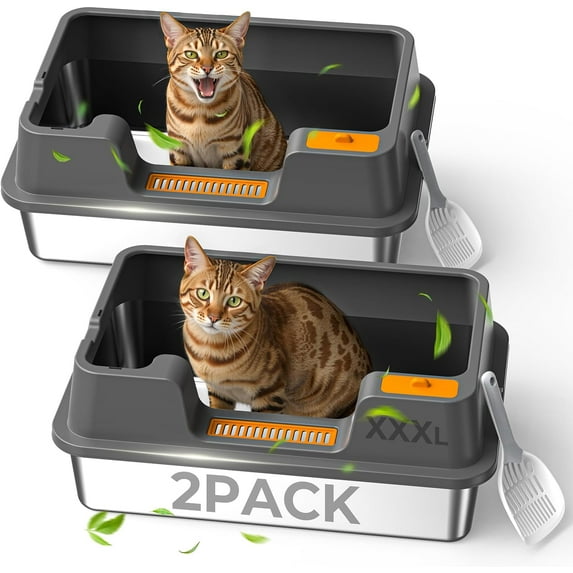2PACK Stainless Litter Box with High Sides Lid, XXXL Litter Box for Big ...