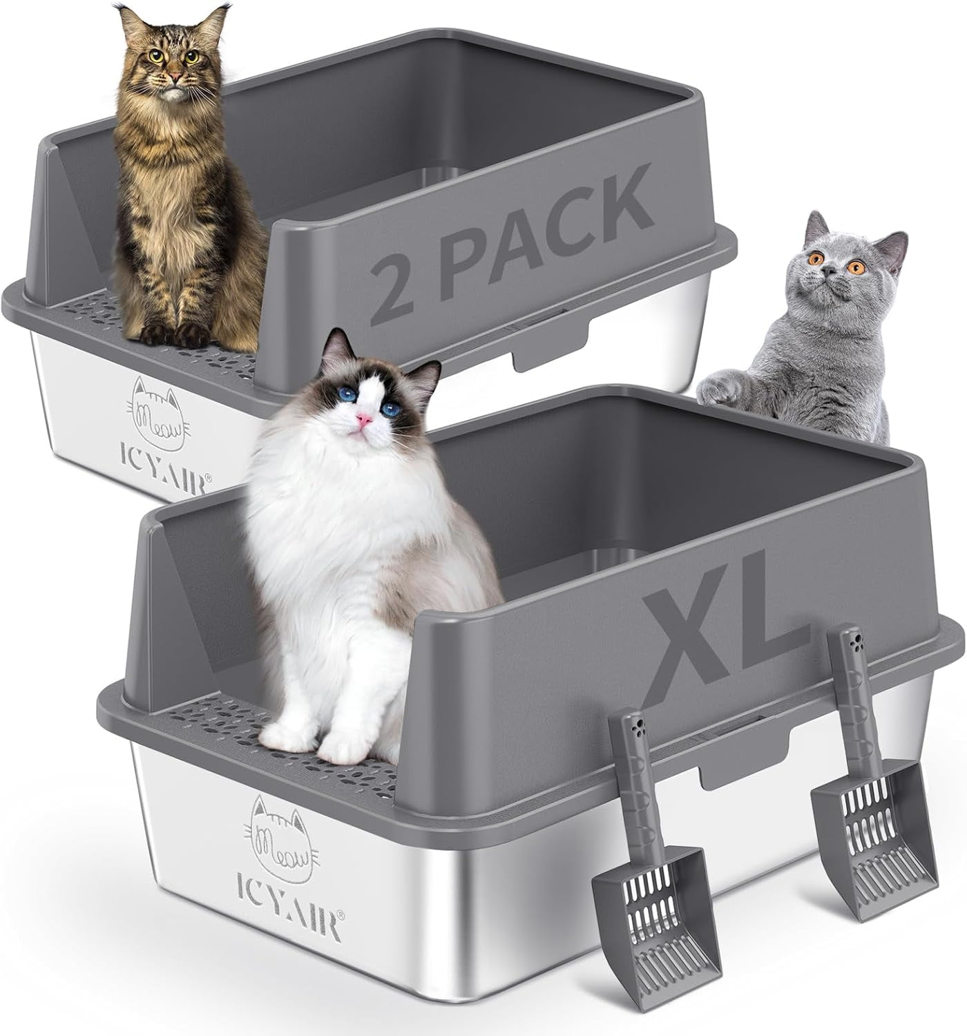 2PACK Stainless Steel Cat Litter Box with High Sides Lid, Extra Large ...