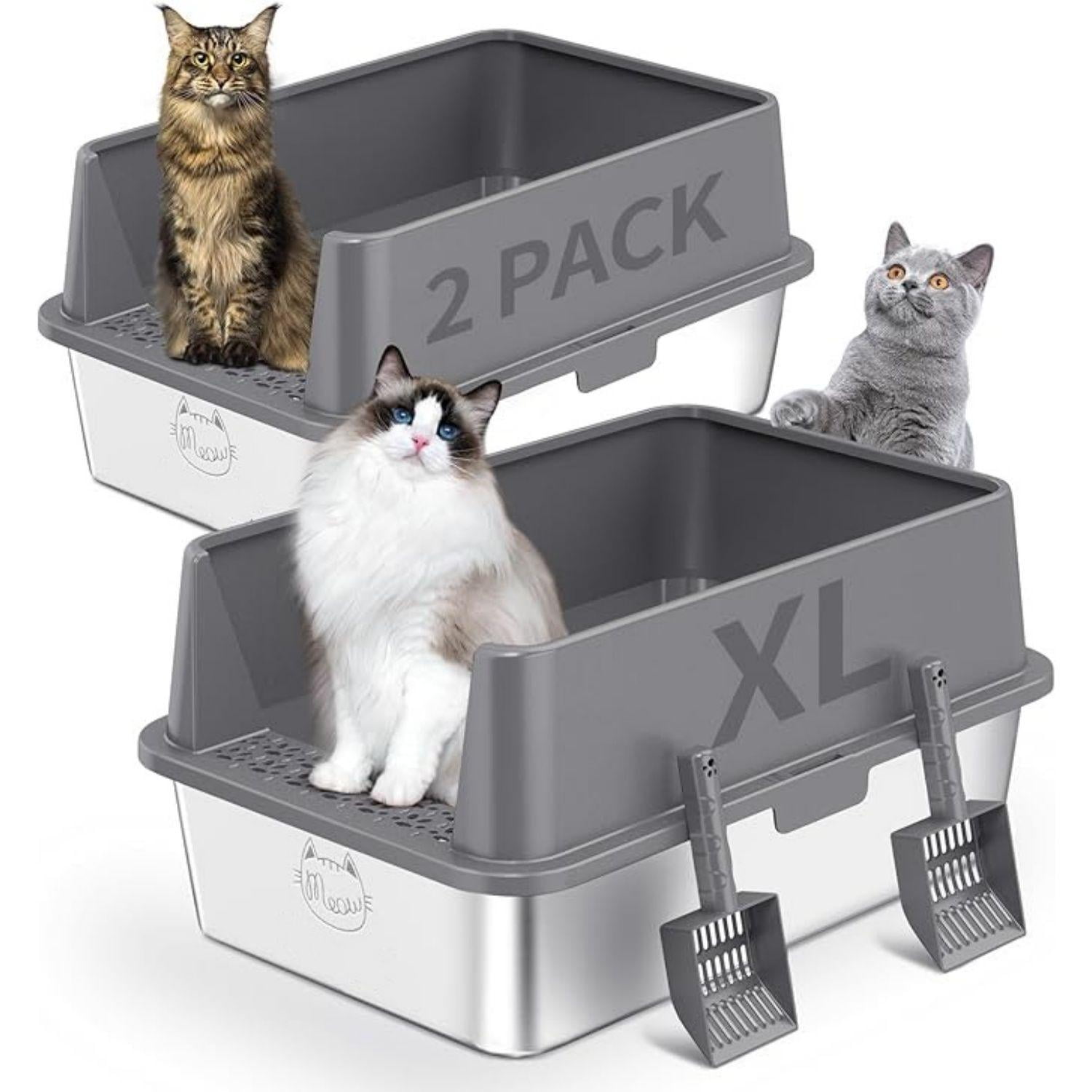 2PACK Stainless Steel Cat Litter Box with High Sides Lid, Extra Large ...