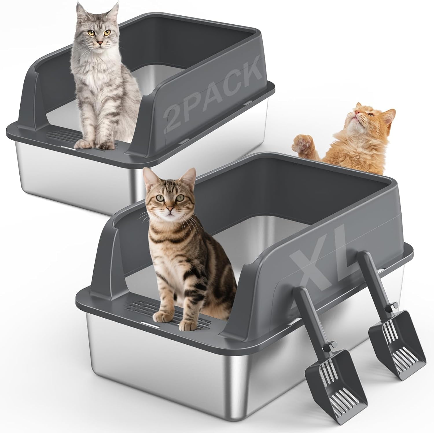 2PACK Stainless Steel Litter Box, Extra Large Litter Boxes for Big Cats ...