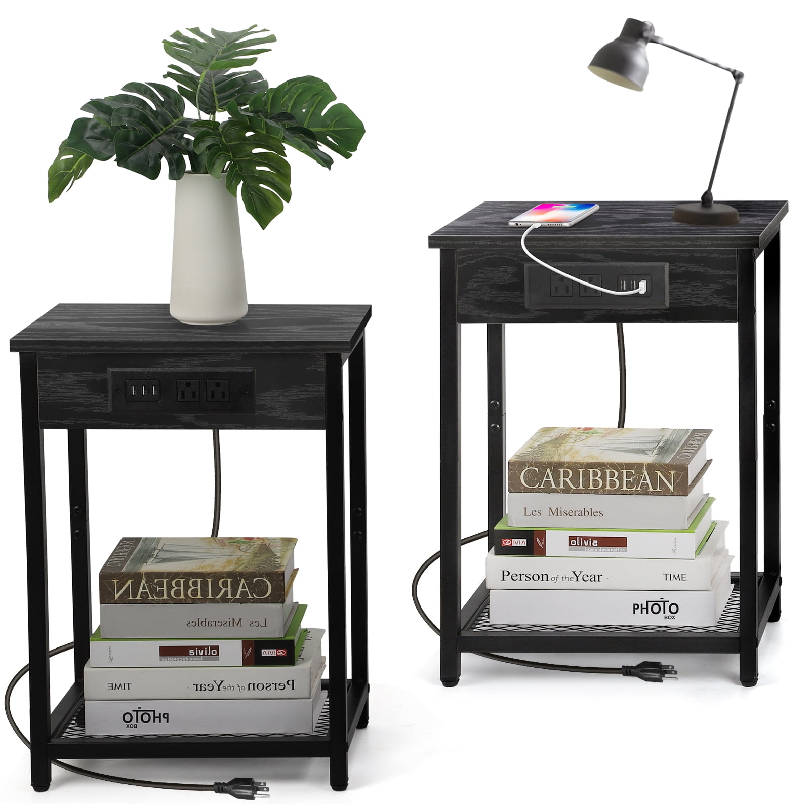 2PACK black bedside table 2-piece bedside table with charging station ...