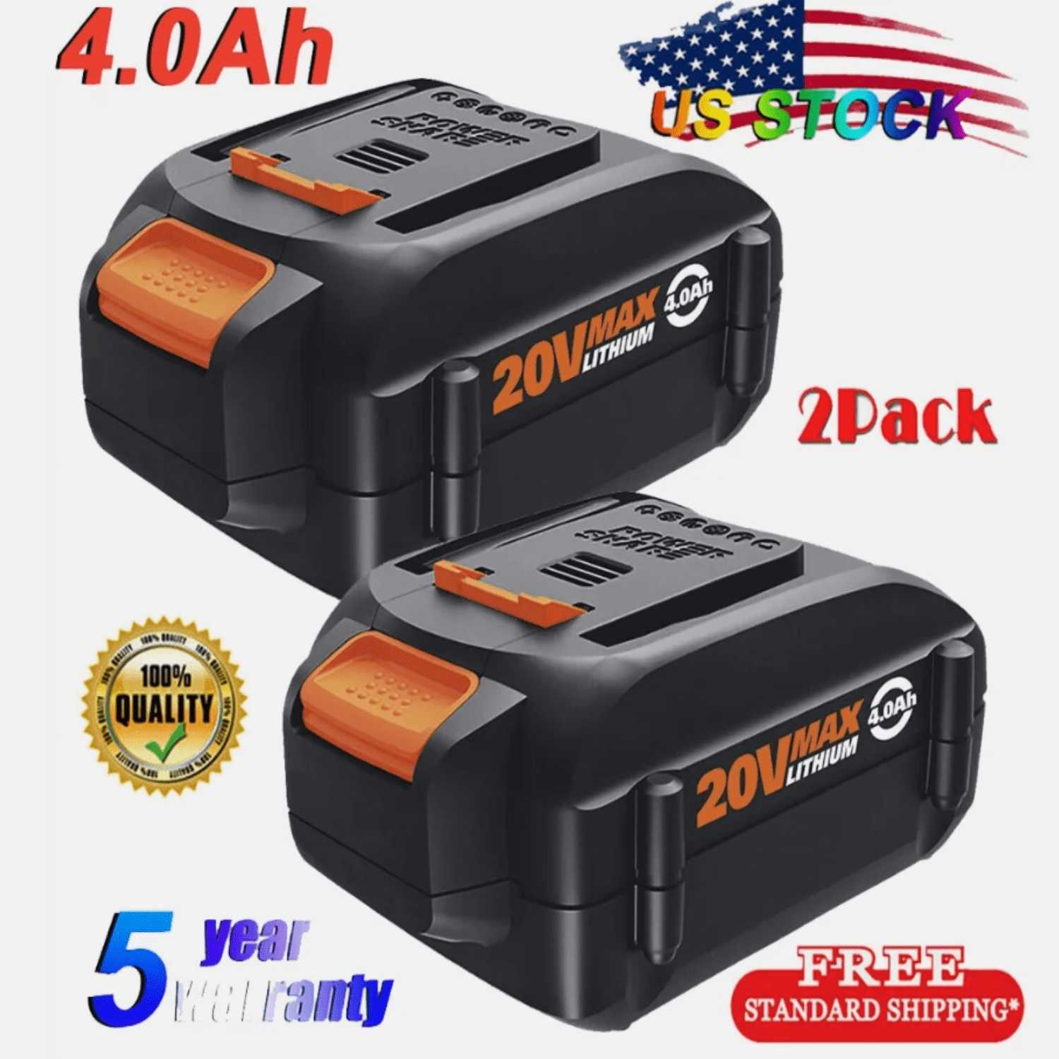 WORX Power Tools 2-Pack 20Vmax 4.0Ah Li-ion Battery WA3520 WA3575 ...
