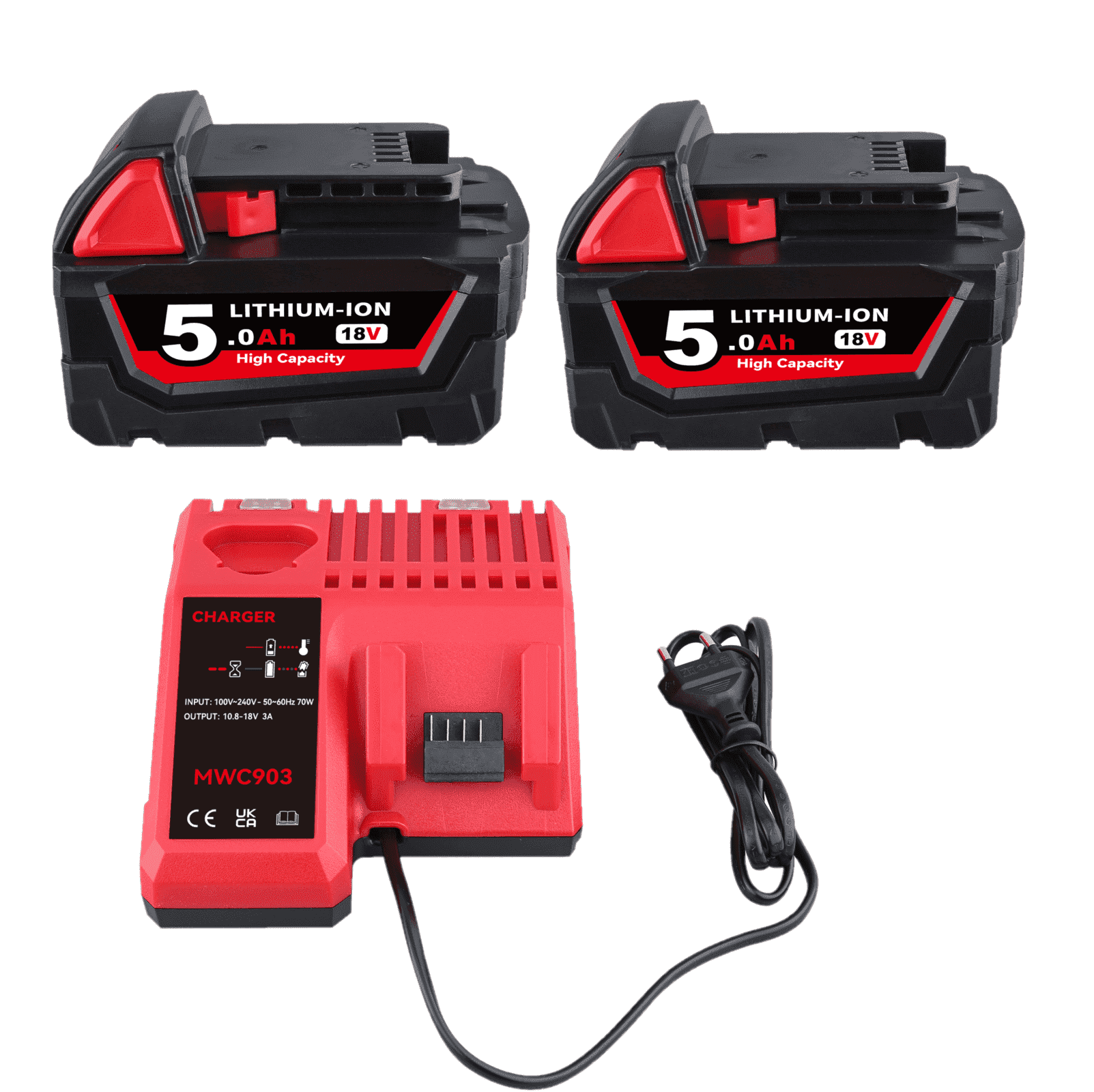 2PACKS 5000mAH 18V Lithium Battery + M-18 & M-12 Rapid Charger Replace ...