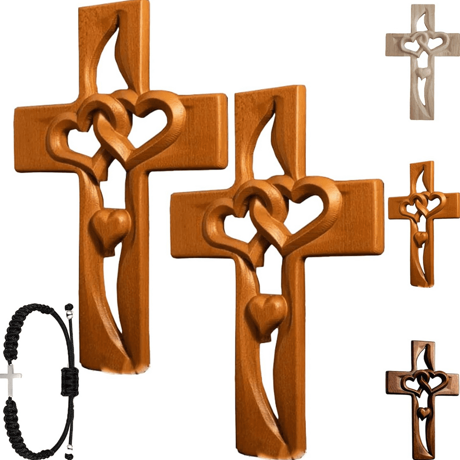 2PC 2026 New Handmade Wooden Cross with Intertwined Hearts, Hand-Carved ...
