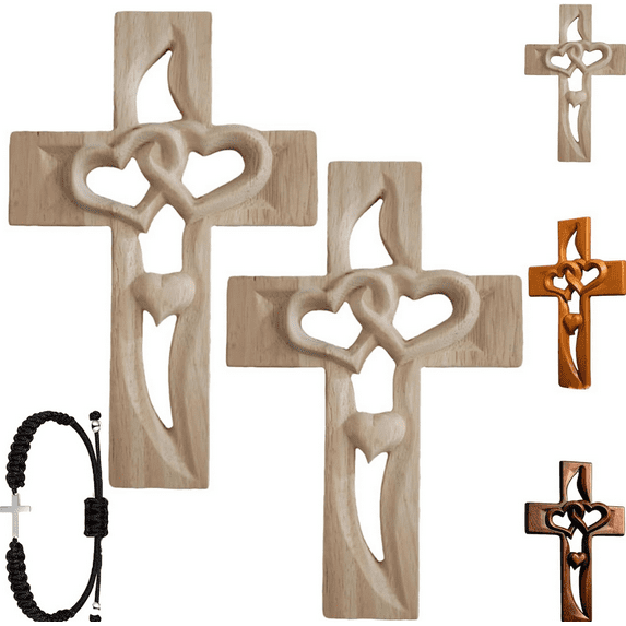 2PC 2026 New Handmade Wooden Cross with Intertwined Hearts, Hand-Carved ...