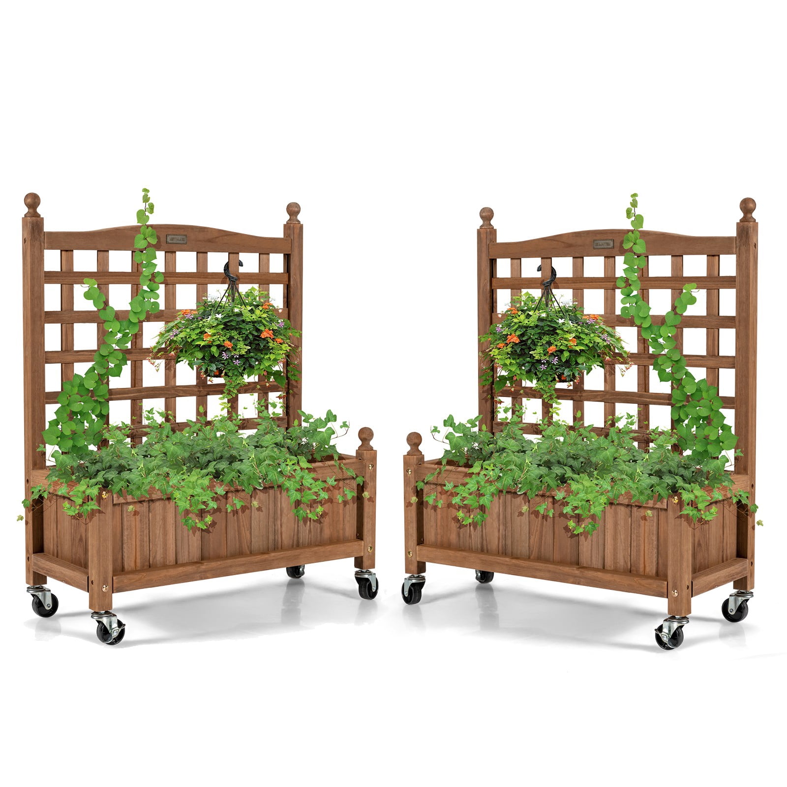 2PC 32in Wood Planter Box w/Trellis Mobile Raised Bed for Climbing ...