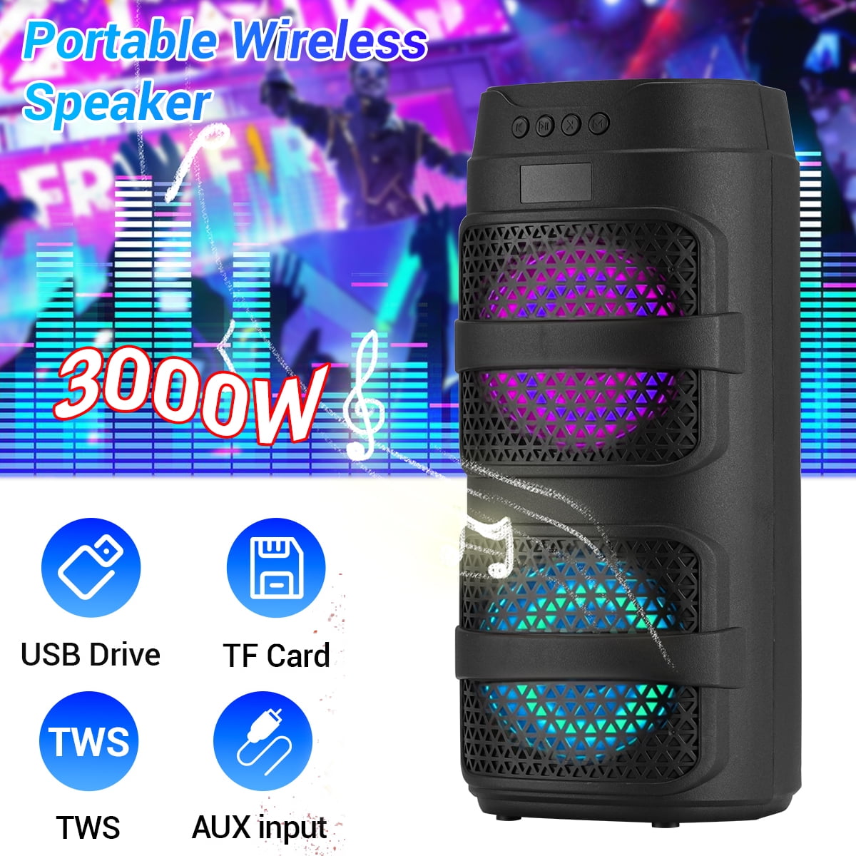 RIDWIND 3000W Portable Bluetooth Party Speaker with RGB Disco Lights ...