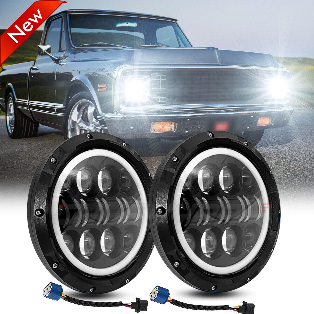 2PC 7" Round LED Headlights Hi Lo Halo DRL for Toyota Pickup 1979 1980 ...