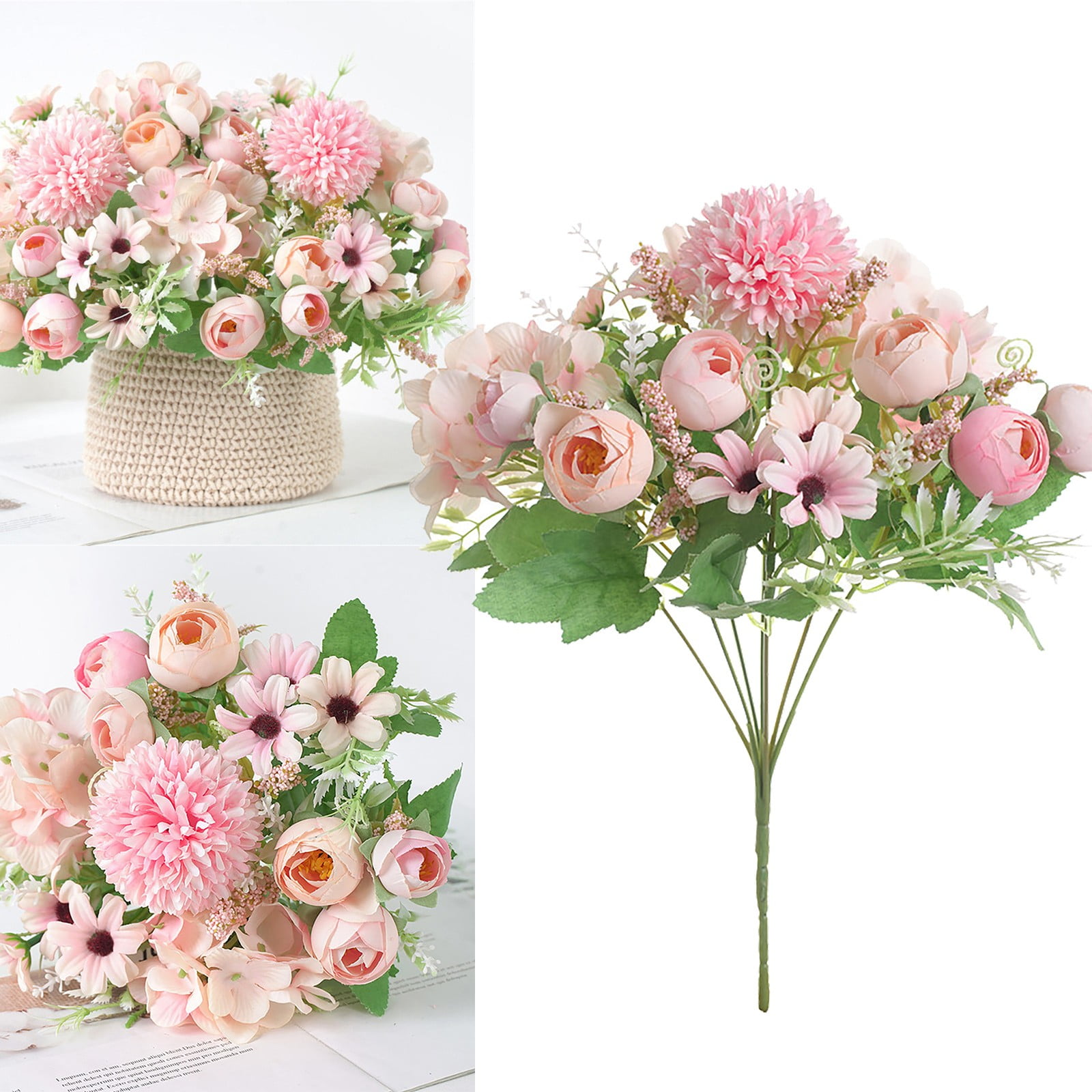 2PC Artificial Silk Rose Peony Small Hydrangea Bouquet Artificial ...