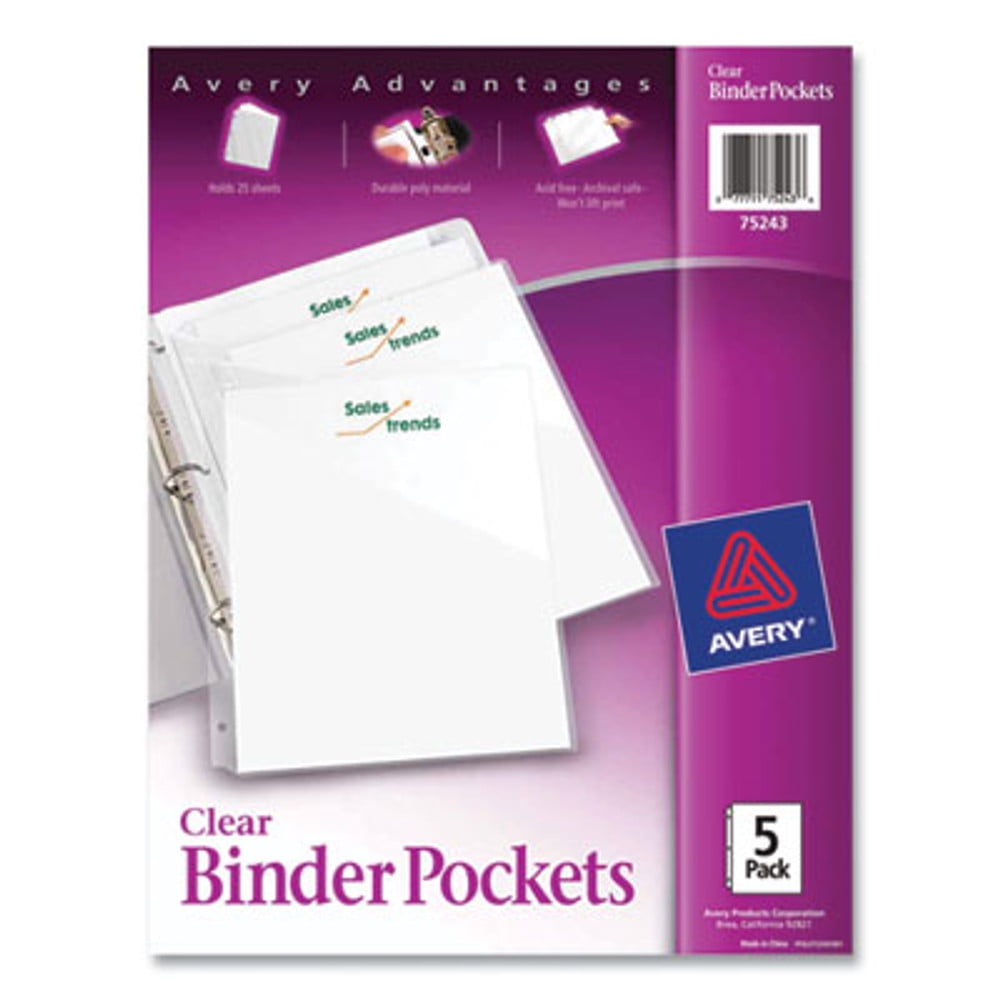 2PC Avery? Binder Pockets, 3-Hole Punched, 9.25 x 11, Clear, 5-Pack 75243 75243 USS-AVE75243 ...