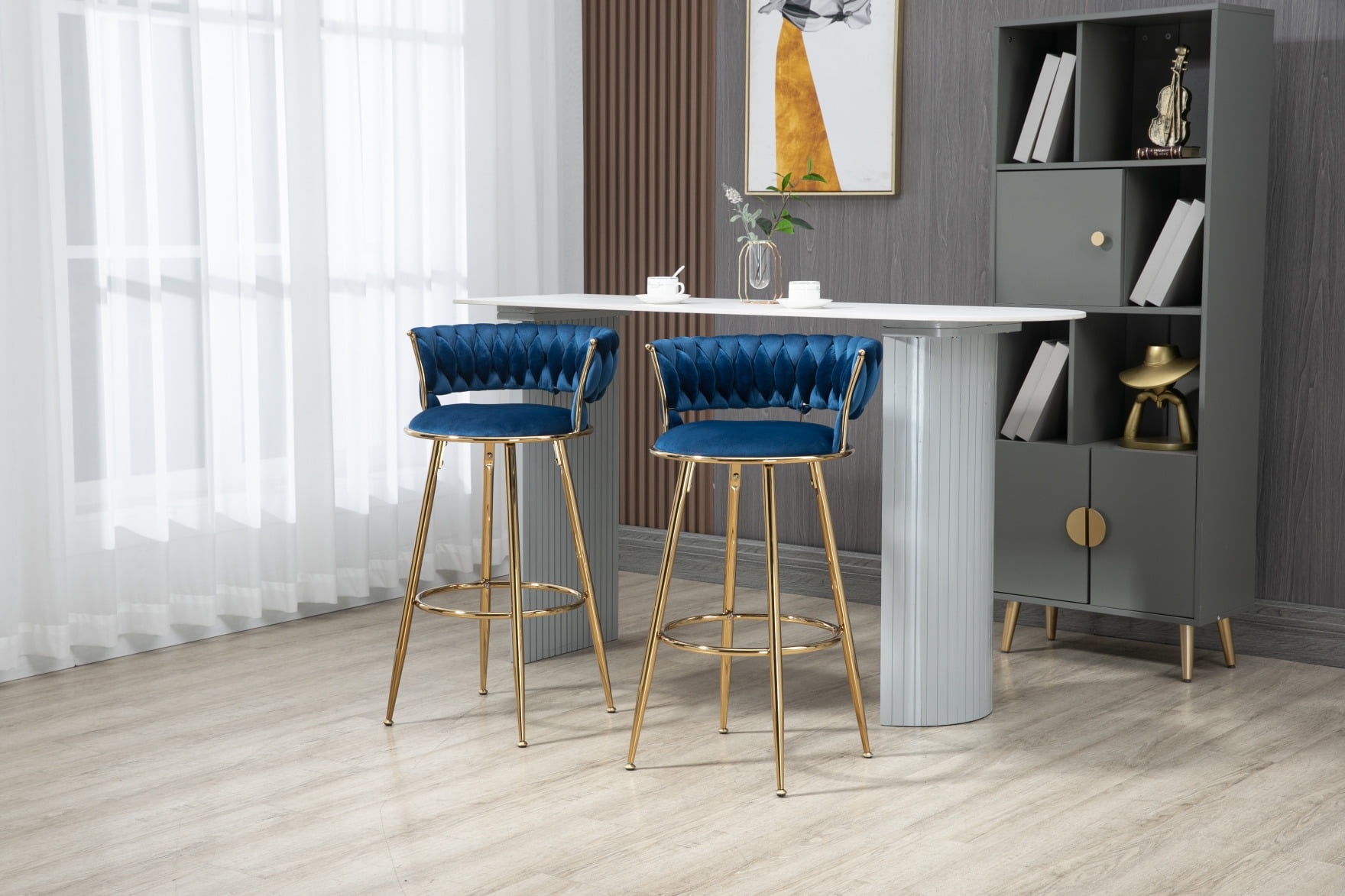 2PC Bar Stools with Woven Hollow Back and Footrest, Modern Velvet Bar ...