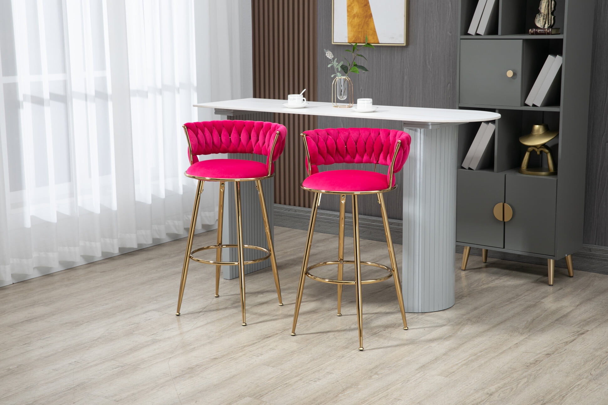 2PC Bar Stools with Woven Hollow Back and Footrest, Modern Velvet Bar Chairs with Gold Metal ...