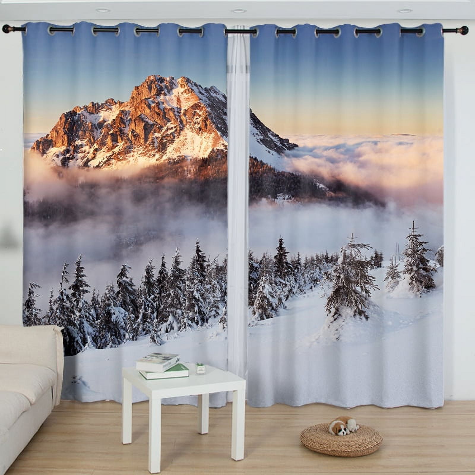 2PC Beautiful Scenery Curtain Snow Mountain Forest River Printed ...