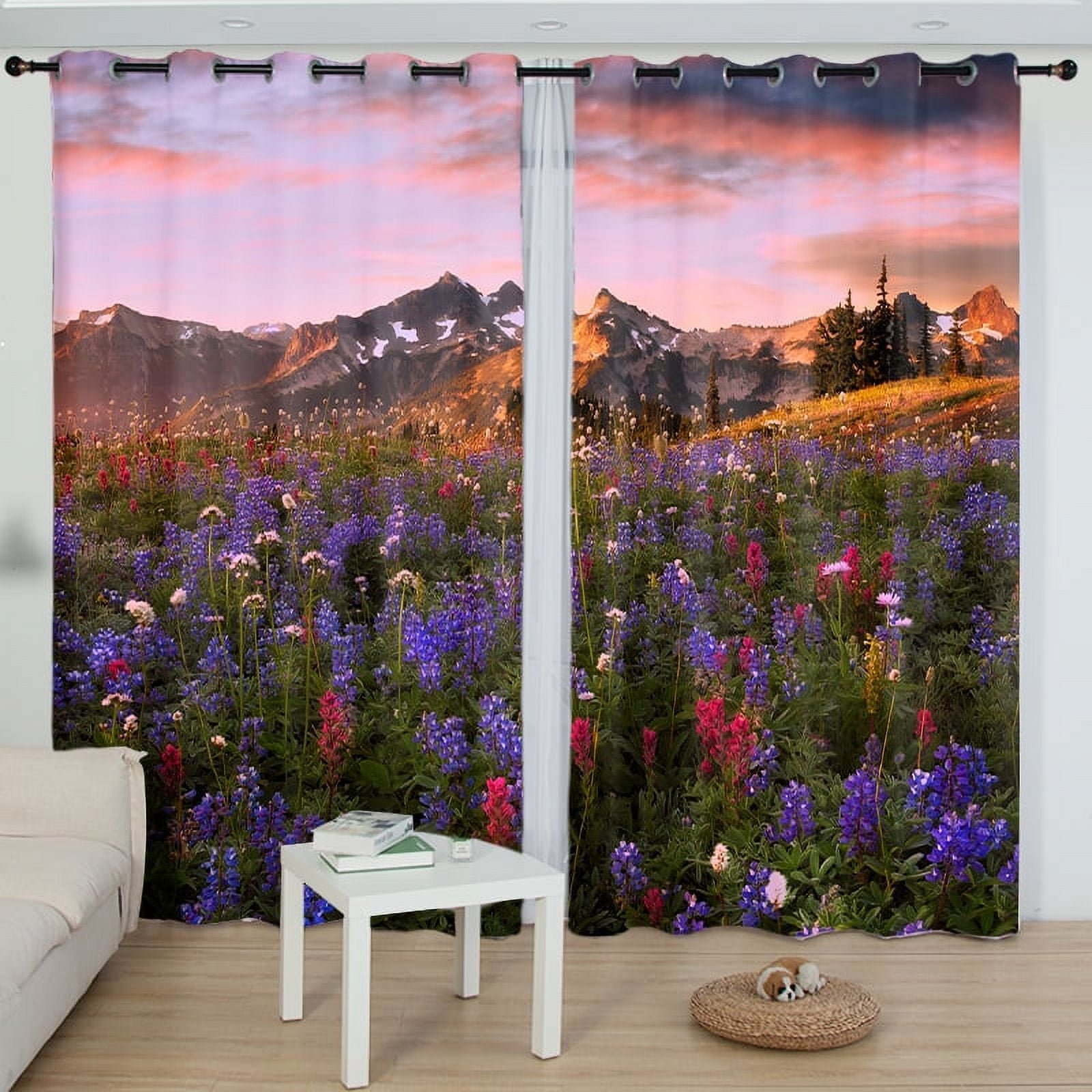 2PC Beautiful Scenery Curtain Snow Mountain Forest River Printed ...