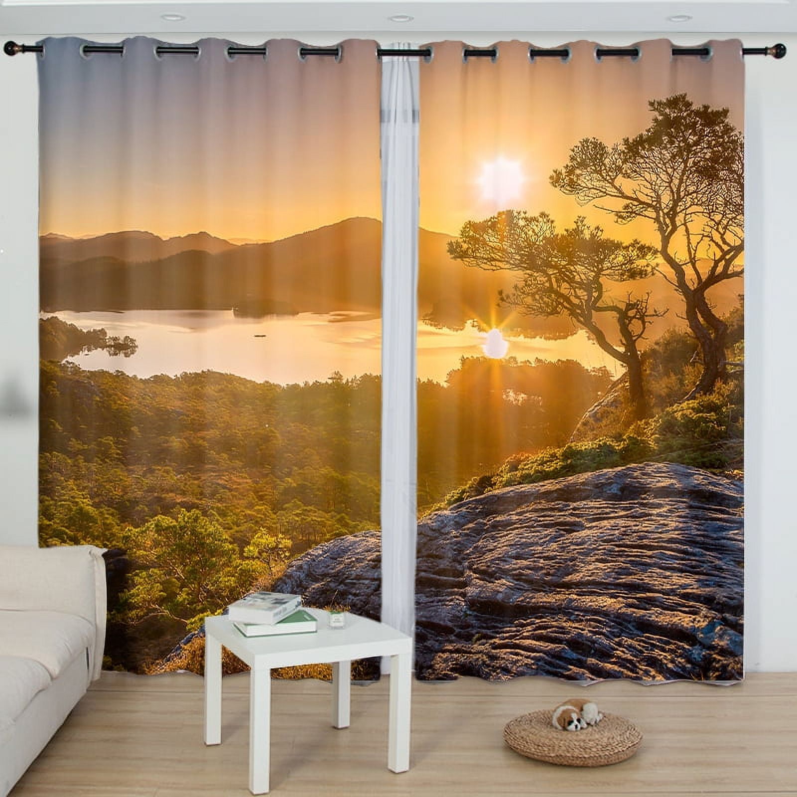2PC Beautiful Scenery Curtain Snow Mountain Forest River Printed ...