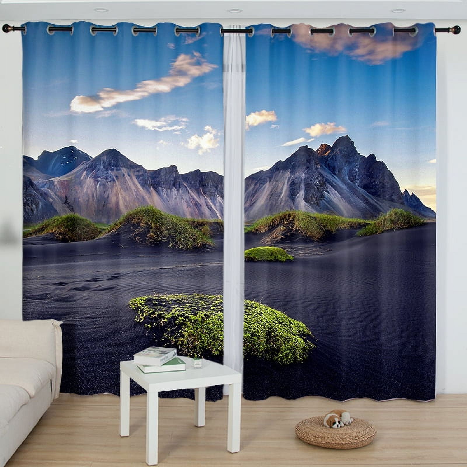 2PC Beautiful Scenery Curtain Snow Mountain Forest River Printed ...