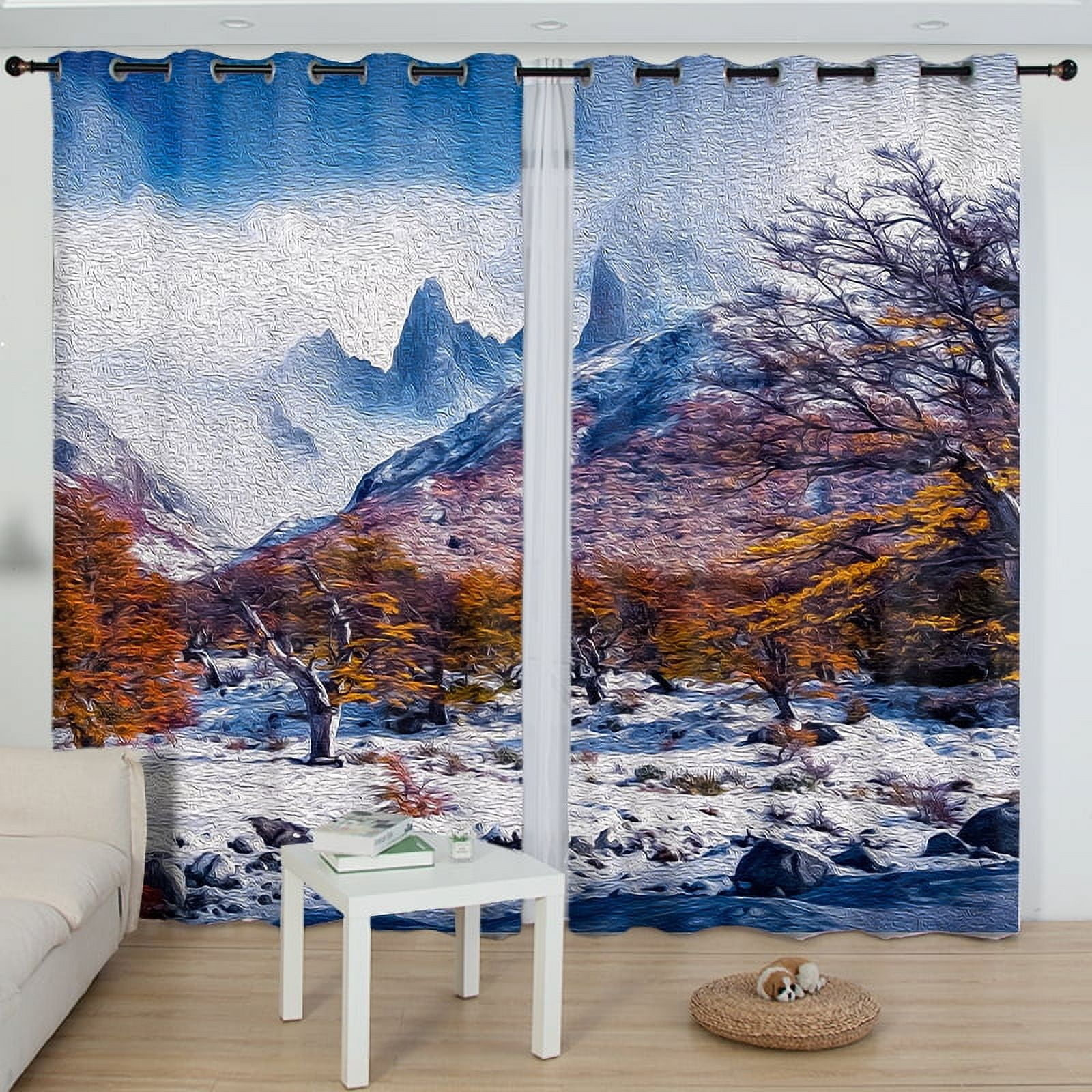 2PC Beautiful Scenery Curtain Snow Mountain Forest River Printed ...