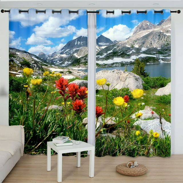 2PC Beautiful Scenery Curtain Snow Mountain Forest River Printed ...