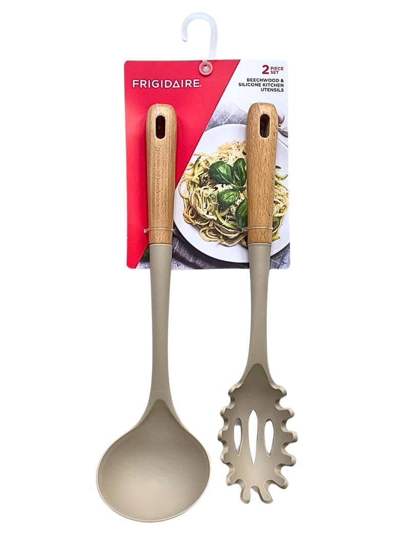 2PC Beechwood Silicone Utensil Set, Large Soup Ladle, Large Pasta Fork ...
