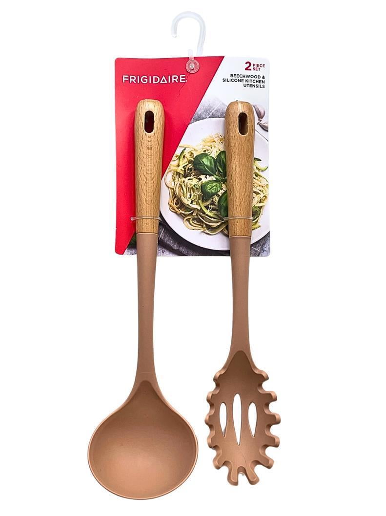 2PC Beechwood Silicone Utensil Set, Large Soup Ladle, Large Pasta Fork ...