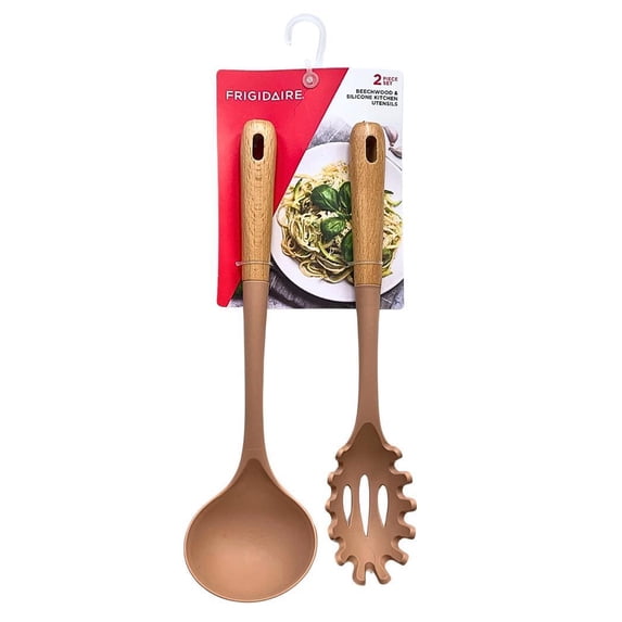 2PC Beechwood Silicone Utensil Set, Large Soup Ladle, Large Pasta Fork ...