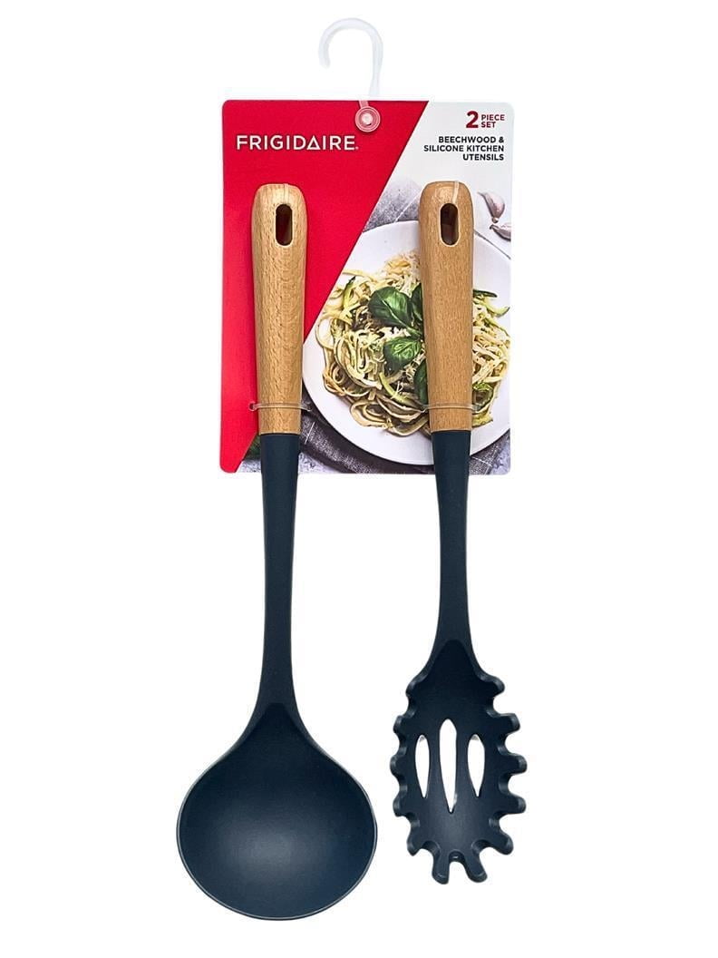 2PC Beechwood Silicone Utensil Set, Large Soup Ladle, Large Pasta Fork ...