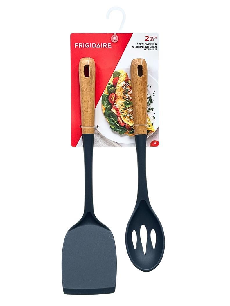 2PC Beechwood and Silicone Utensil Set, Large Turner, Large Slot Spoon ...