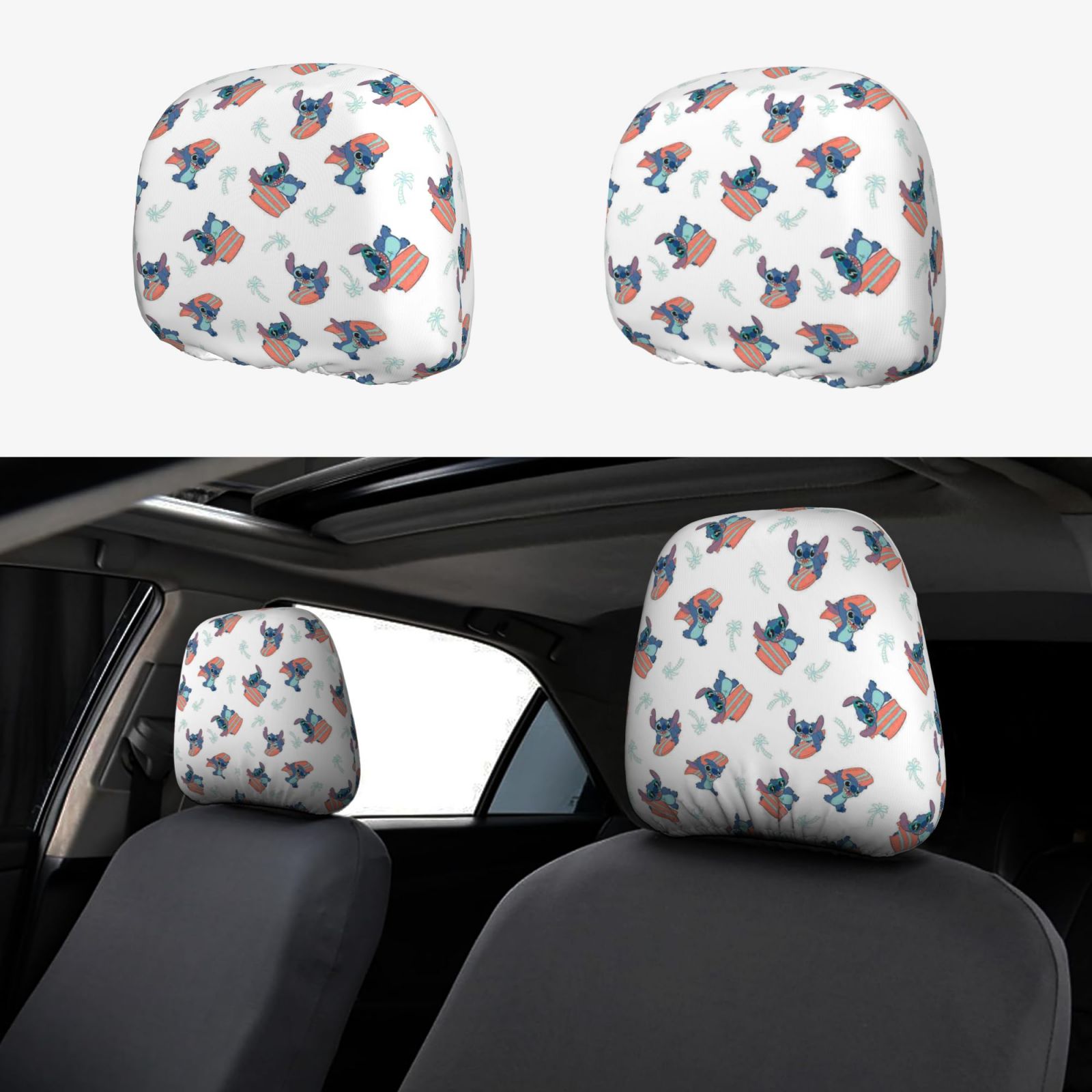 2PC Car Headrest Cover Funny Anime Lilo and Stitch Car Seat Covers ...