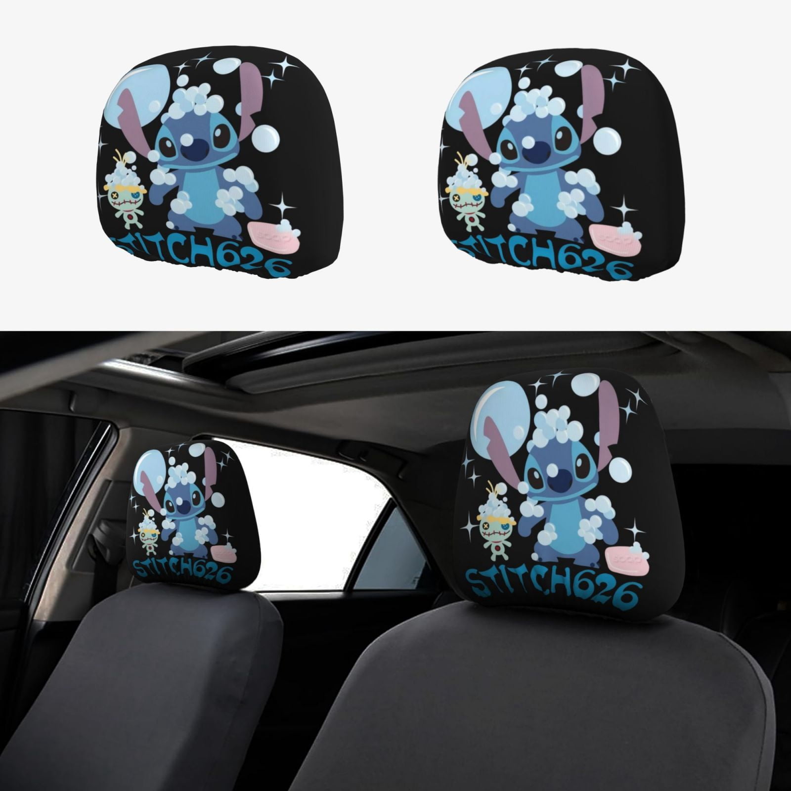 2PC Car Headrest Cover Funny Anime Lilo and Stitch Car Seat Covers ...
