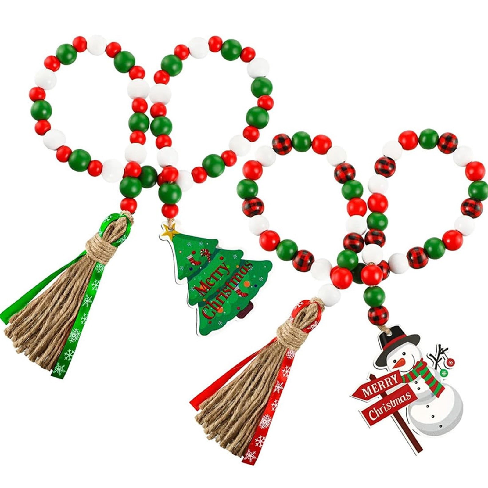 2PC Christmas Wood Bead Garland,Farmhouse Beads with Tassels Tiered ...