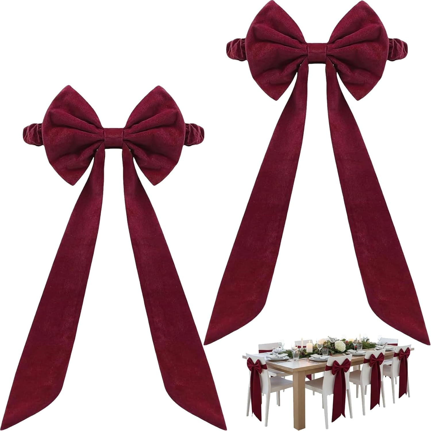 2PC Elastic Velvet Chair Bows - Burgundy Christmas Sashes - Walmart.com