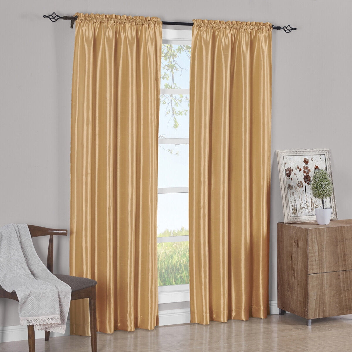 2PC Faux Silk Window Curtain Treatment Set Rod Pocket Panels - Walmart.com
