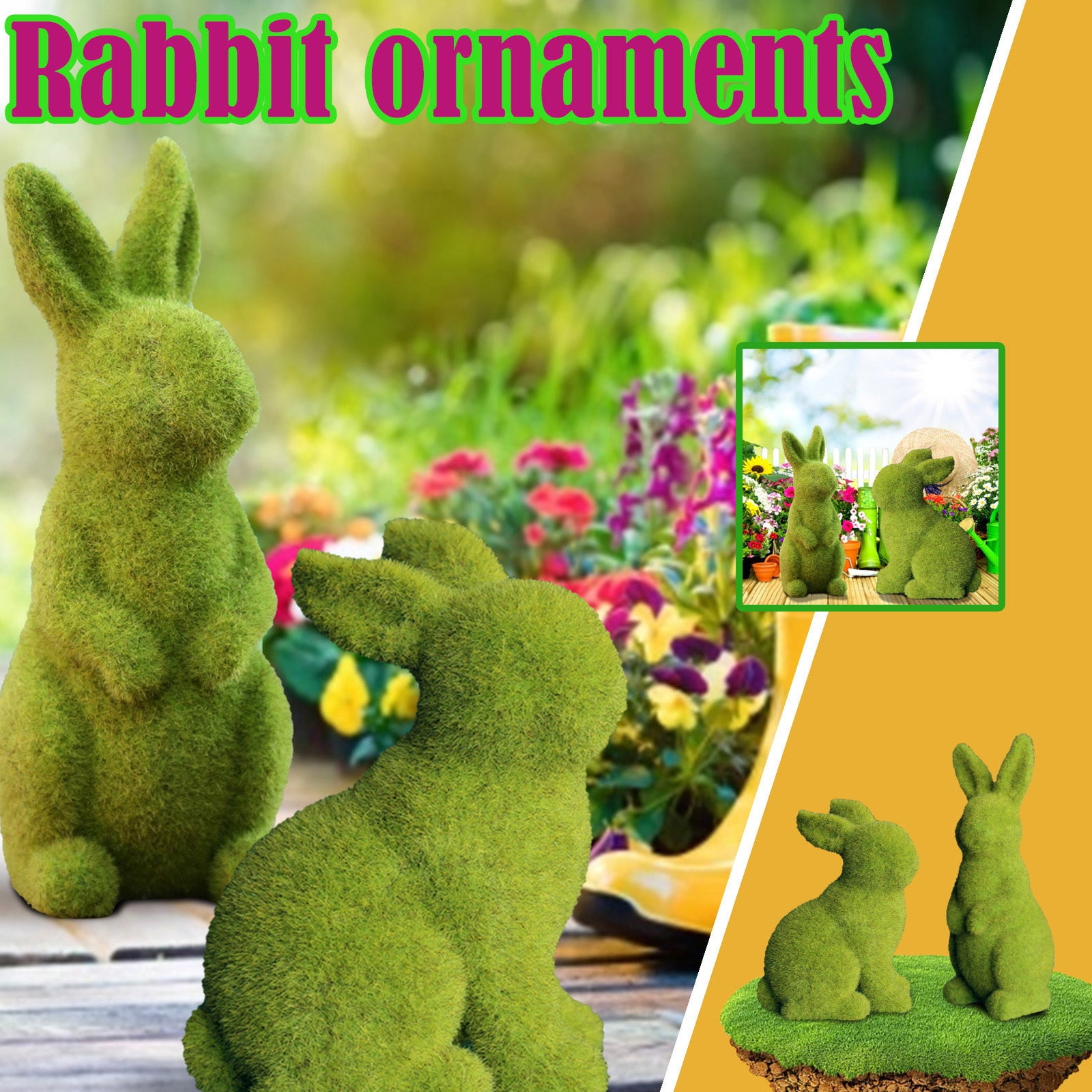 2PC Flocked Resin Easter Bunny Garden Decor - Indoor/Outdoor Moss ...