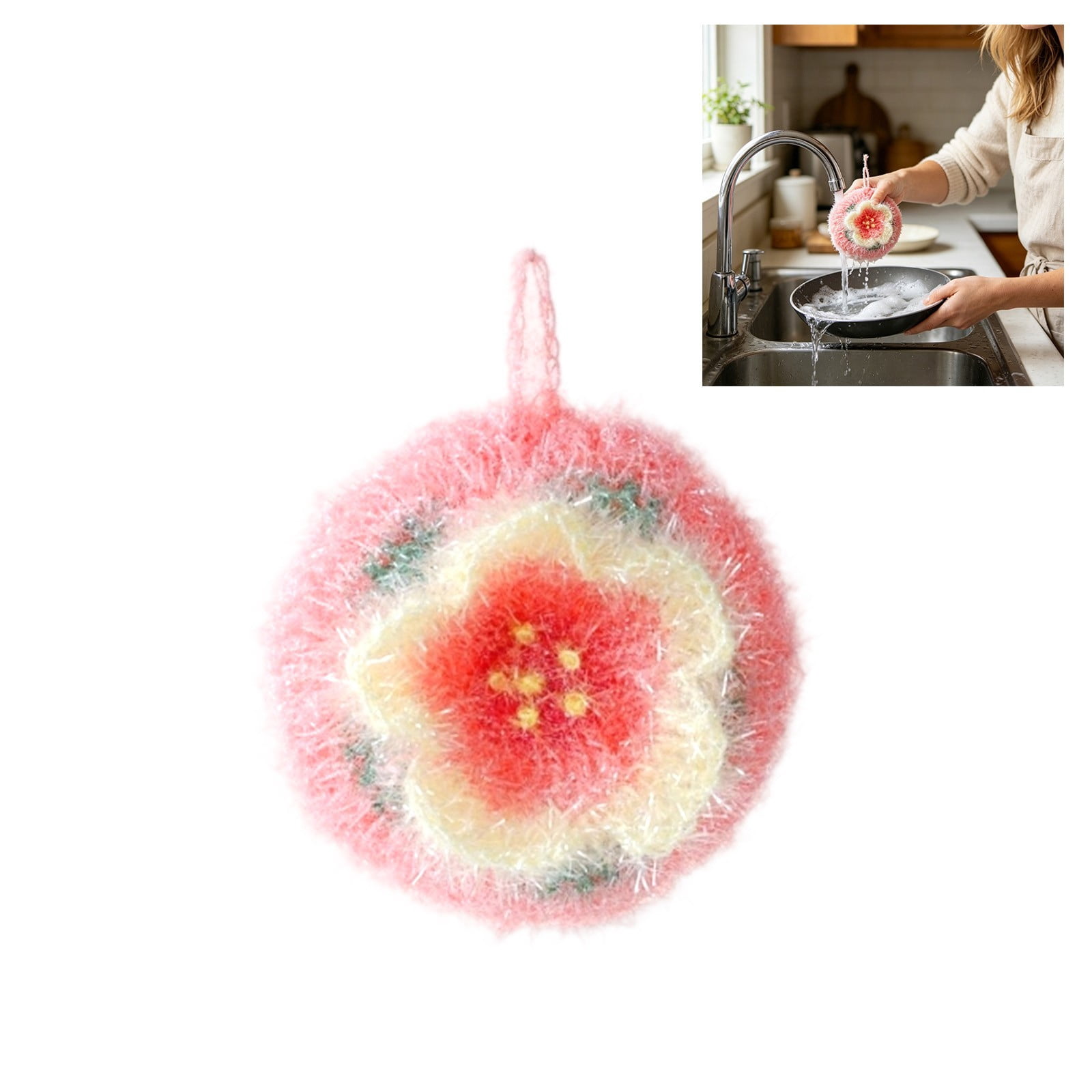 2PC Floral Knit Kitchen Dish Scrubber, Reusable Non-Scratch Cleaning ...